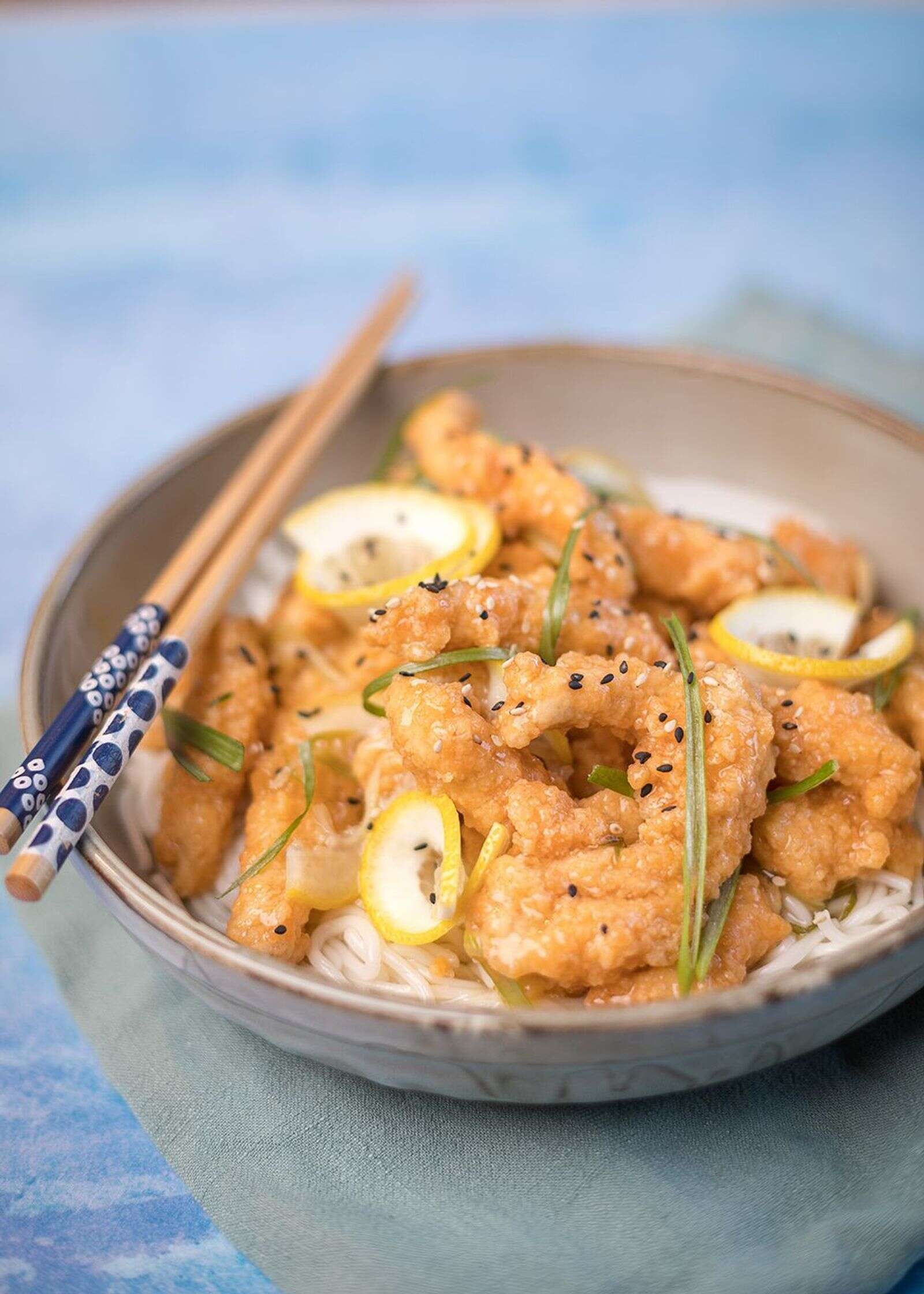 Kwanghi Chan’s lemon chicken on a bed of rice vermicelli noodles ...
